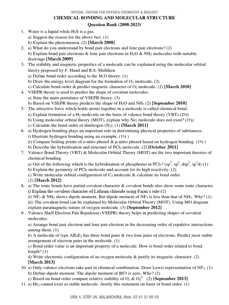 Plus 1 - Chemistry PYQ SCERT CHEMICAL BONDING AND MOLECULAR STRUCTURE ...