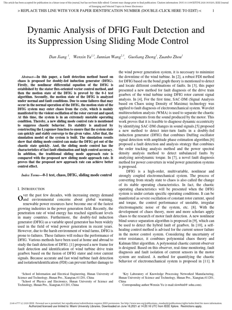 2020 Jiang Dynamic Analysis Of Dfig Fault Detection And Its Suppression Using Sliding Mode