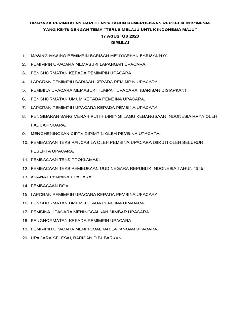 Susunan Acara Upacara 17 Agustus Di Sekolah | PDF