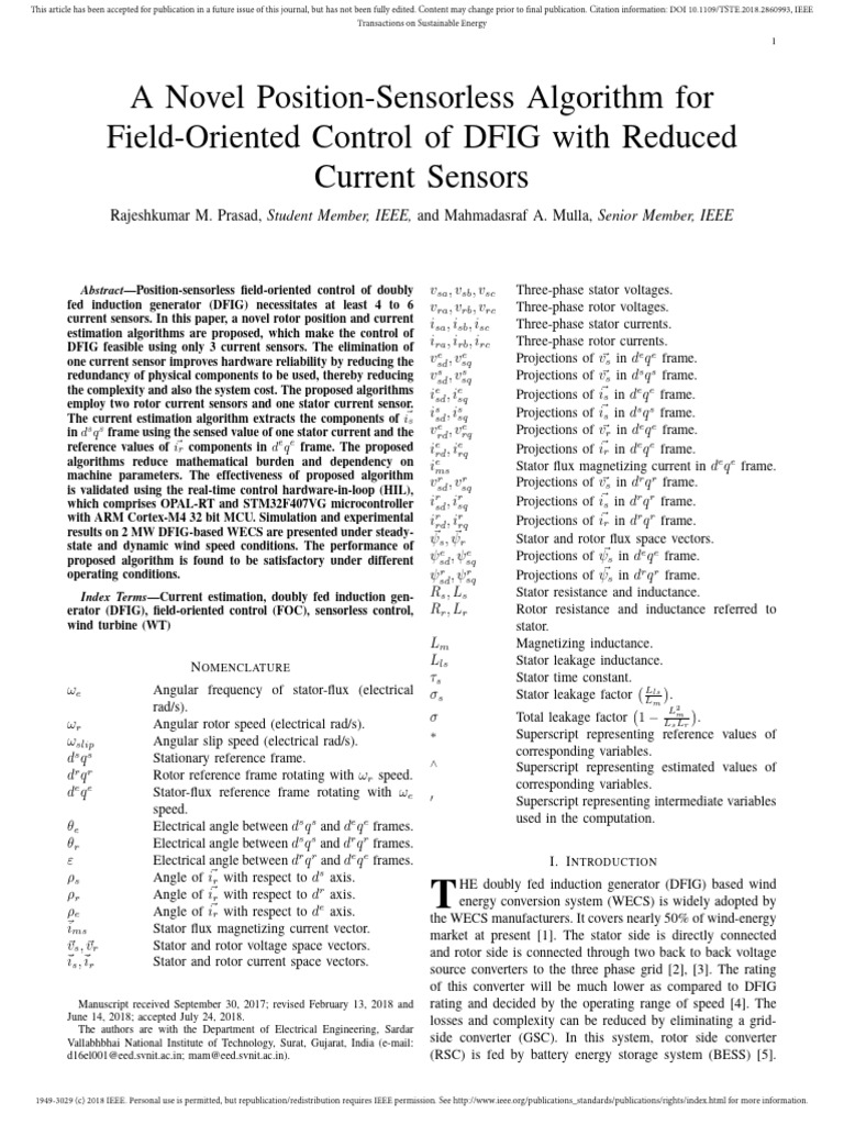 2019 A Novel Position Sensorless Algorithm For Field Oriented Control Of Dfig With Reduced