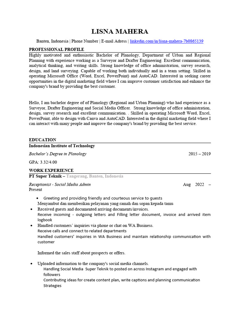 Contoh CV ATS Bahasa Inggris | Download Free PDF | Social Media ...