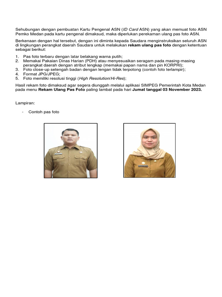 Rekam Ulang Pas Foto ASN Pemko Medan | PDF