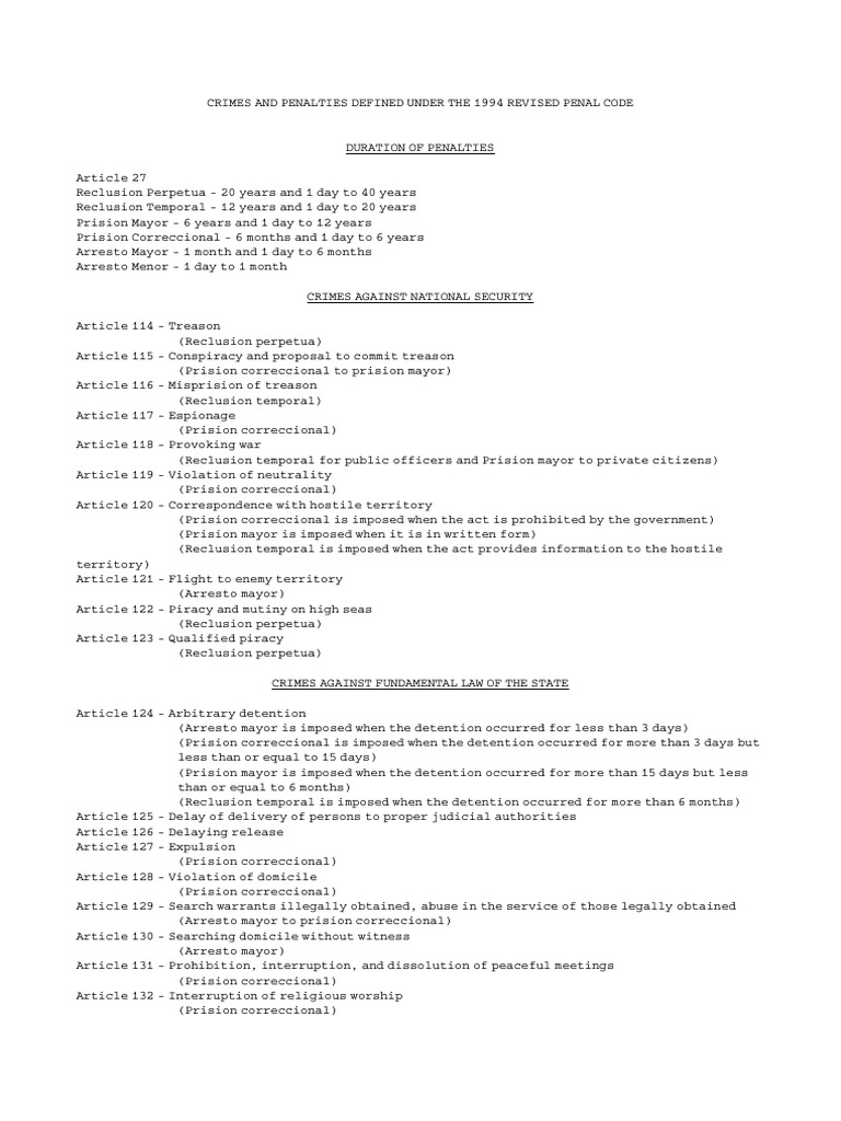 Crimes and Penalties Defined Under The 1994 Revised Penal Code | PDF ...