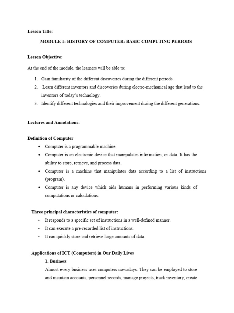 Lesson 1 Introduction To Computer Pdf Integrated Circuit Computer Science