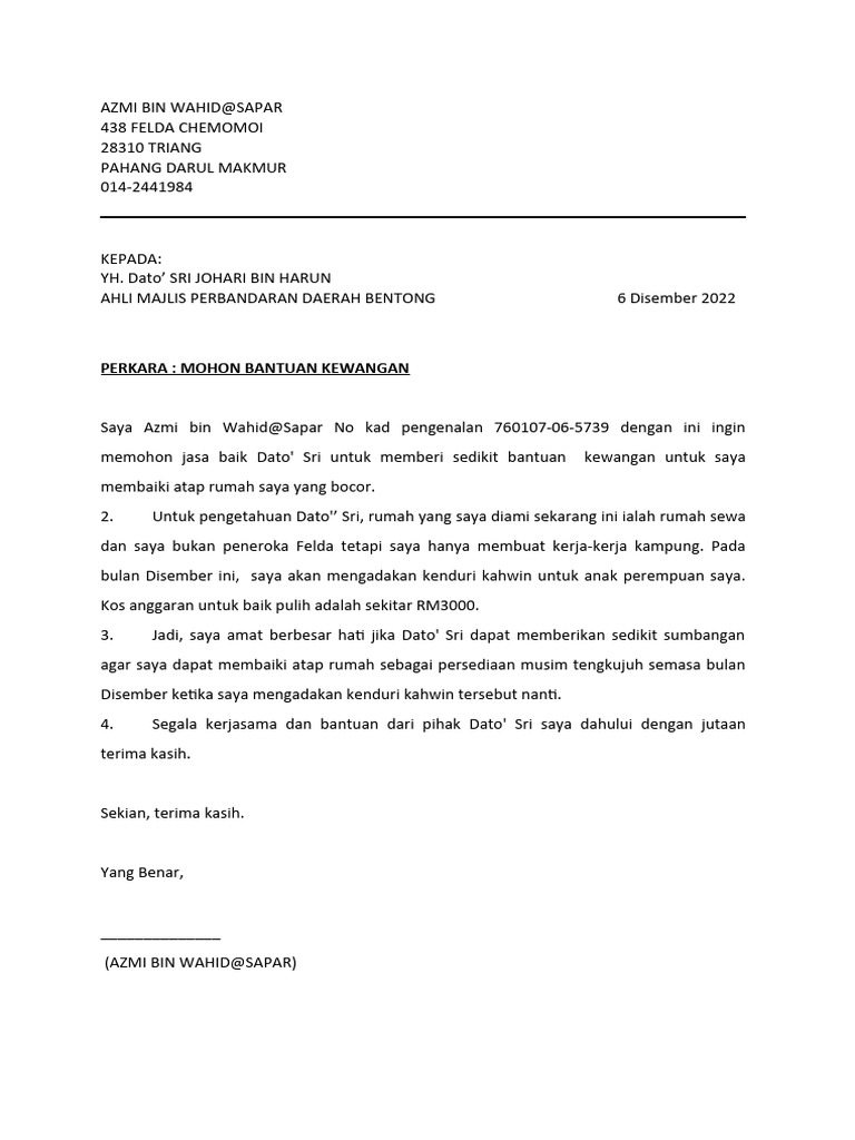 Surat Memohon Bantuan Kewangan | PDF