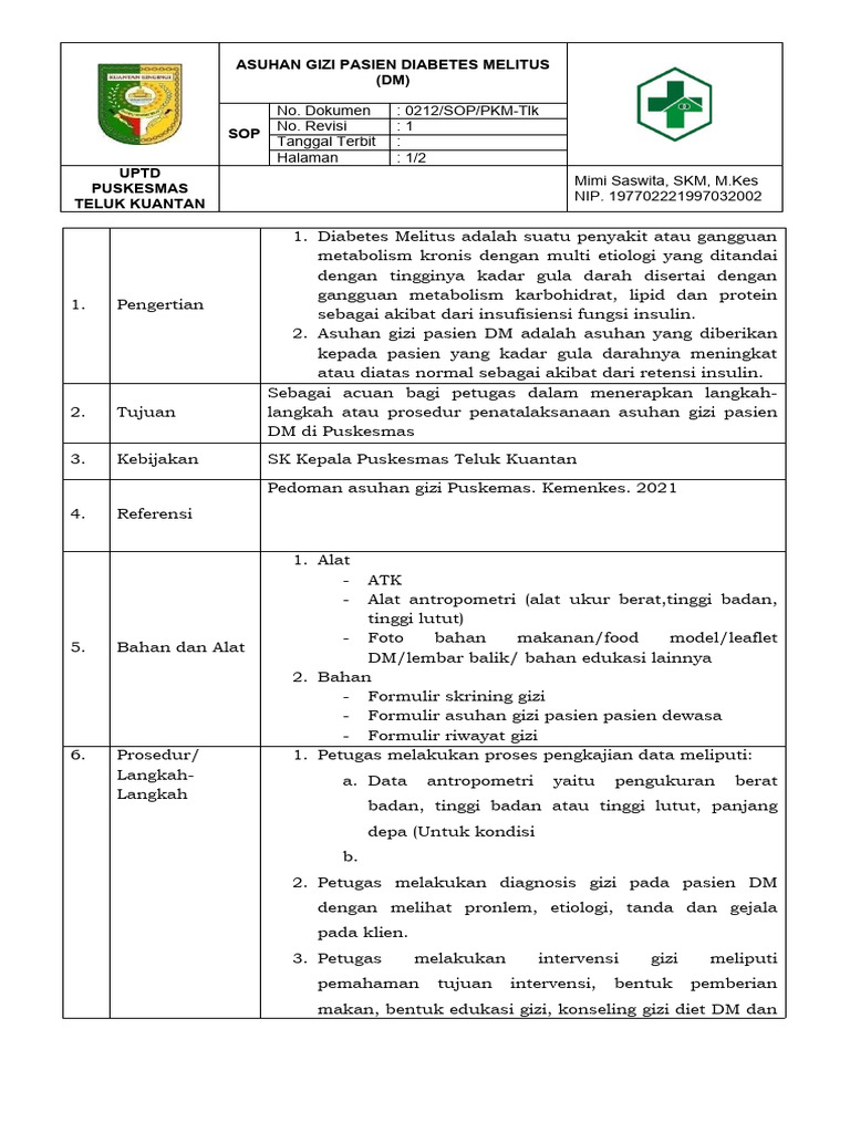 3.5.1.1 Sop Asuhan Gizi Pasien DM | PDF