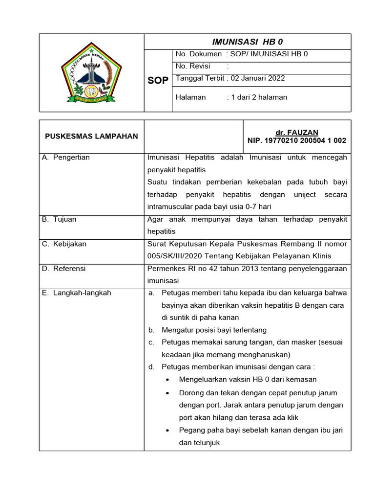Sop Imunisasi HB0 Save | PDF | Sains & Matematika