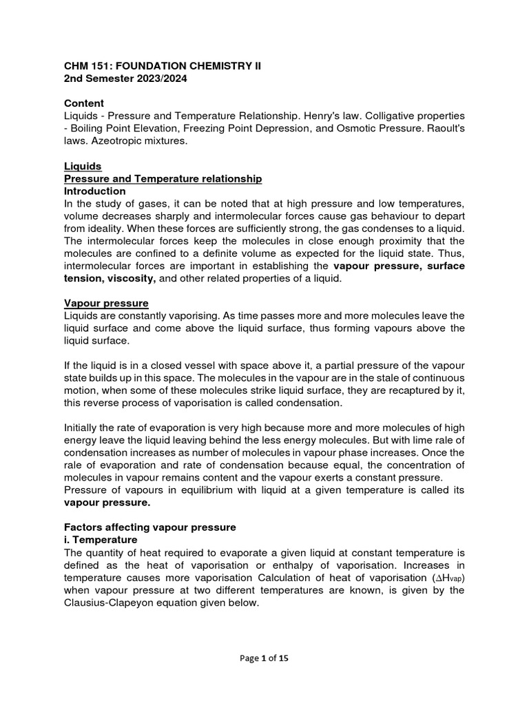 CHM 151 Lecture Note - 2023-2024 | PDF | Solubility | Osmosis