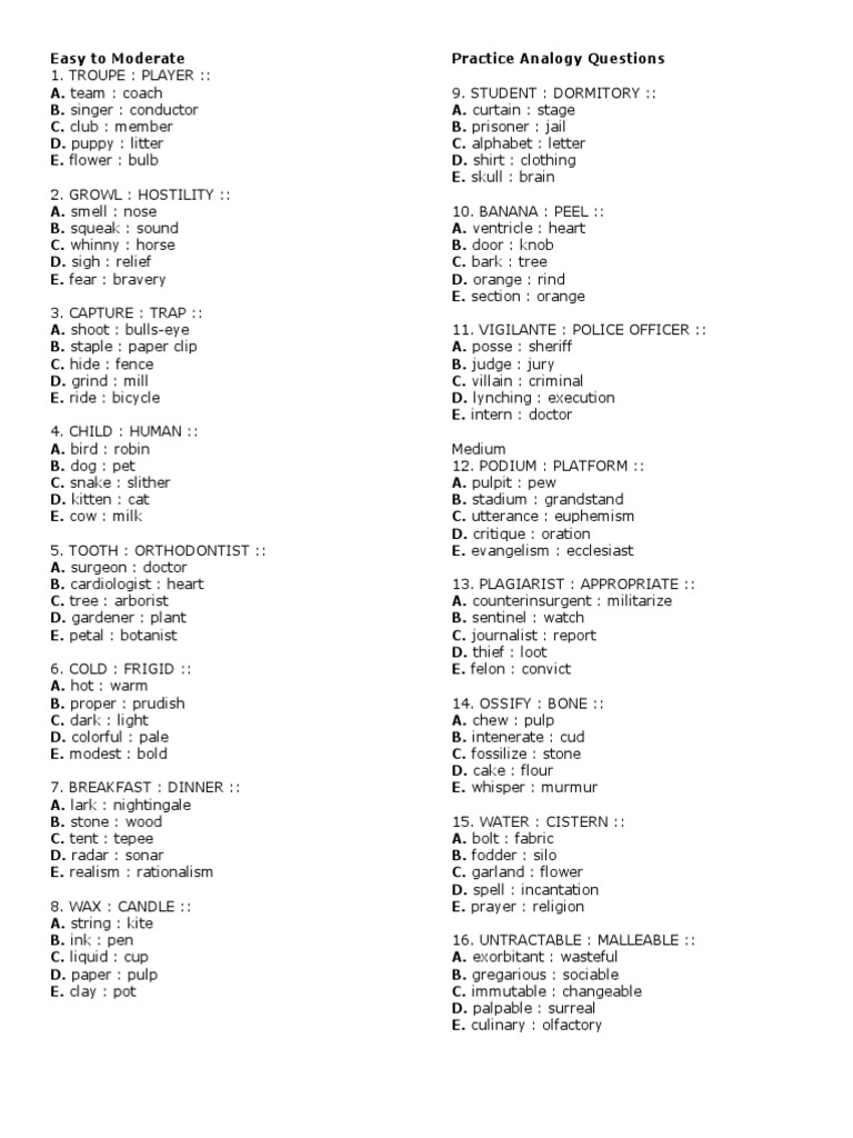 Verbal Analogy Practice Questions | PDF
