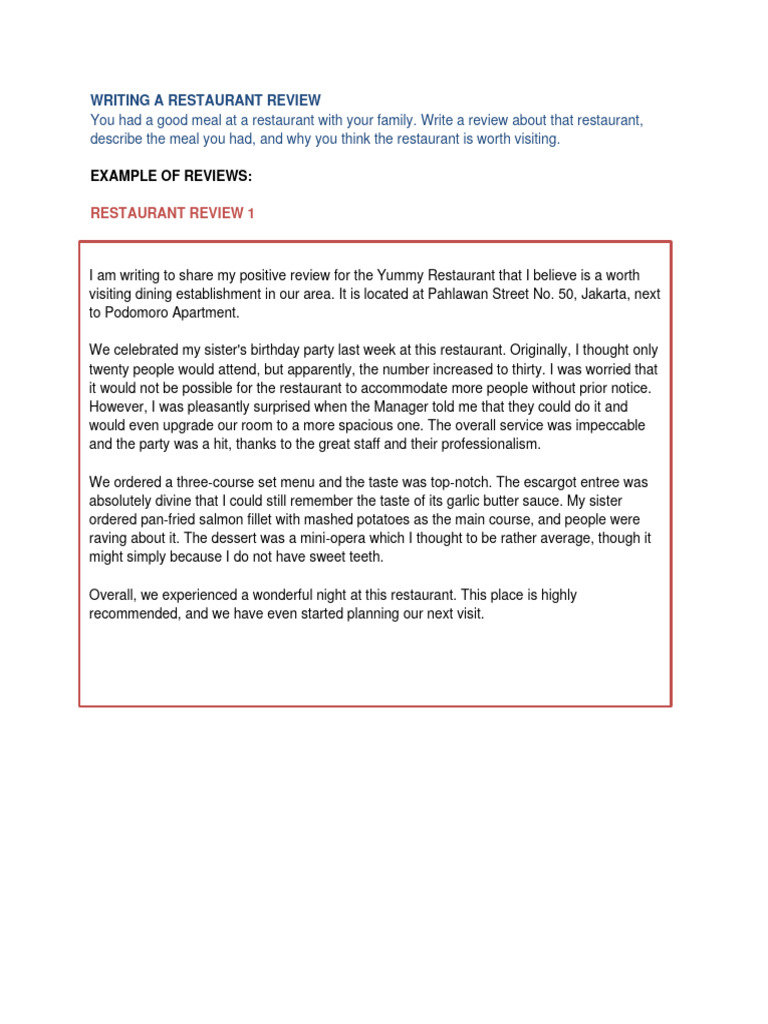Positive Restaurant Review Examples | PDF | Restaurants | Eating ...