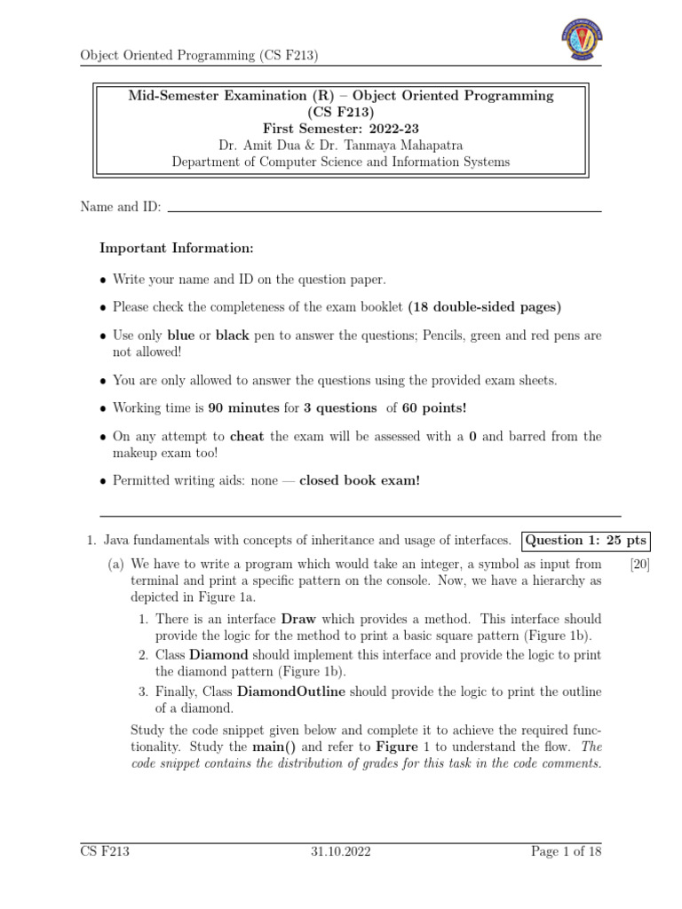 CS F213 Object Oriented Programming Exam | PDF | Method (Computer ...