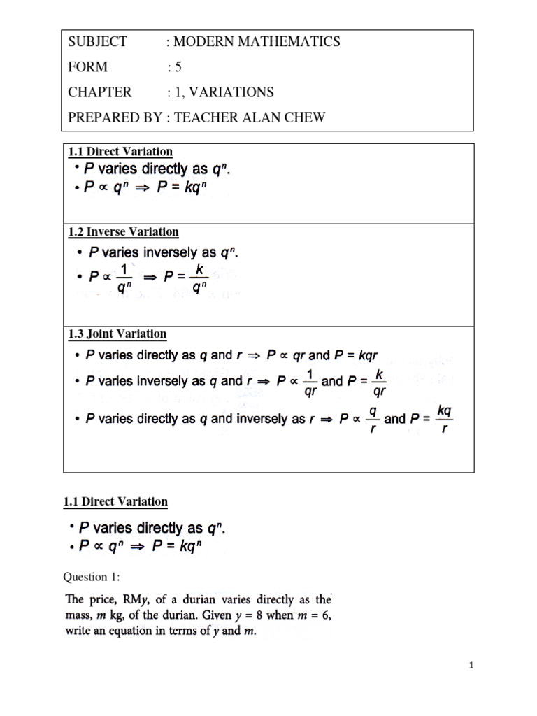 Form 5 Modern Math Chapter 1 Variations | PDF