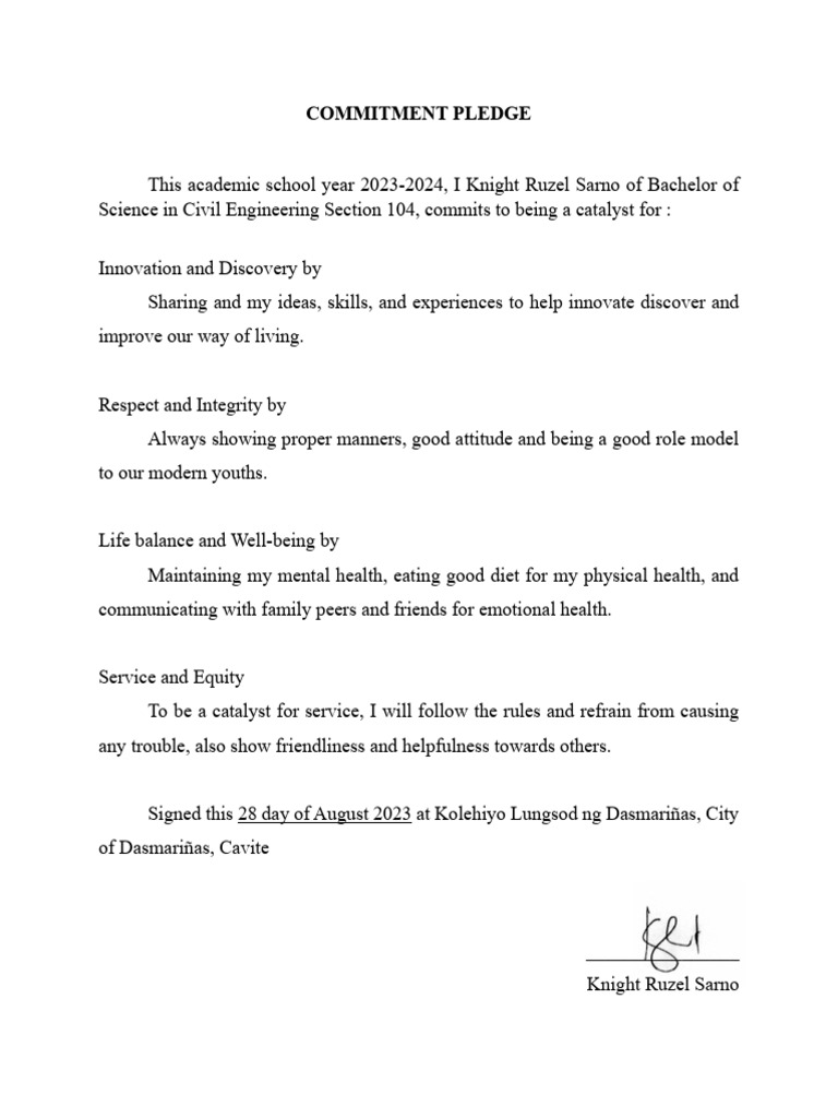 Bsce 104 Sarno Knight Ruzel Commitment Pledge | PDF