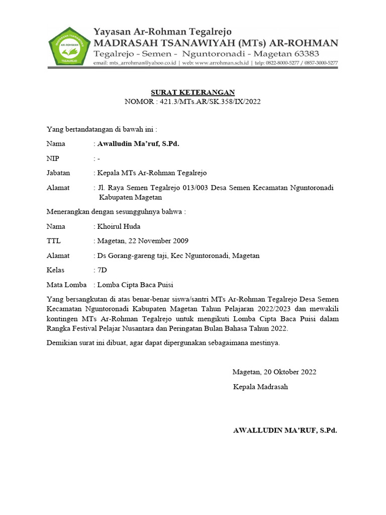 Surat Keterangan Santri Lomba Khoirul Huda | PDF Surat Keterangan Santri Lomba Khoirul Huda | PDF