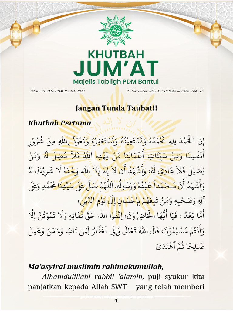 012 Khutbah Jumat Majelis Tabligh PDM Bantul - Jangan Tunda Taubat!! | PDF