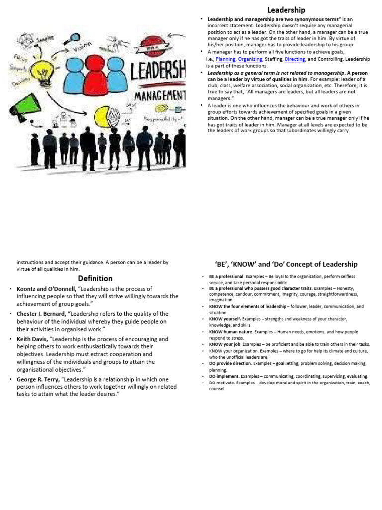 BE', KNOW' and Do' Concept of Leadership: Planning Organizing Directing ...