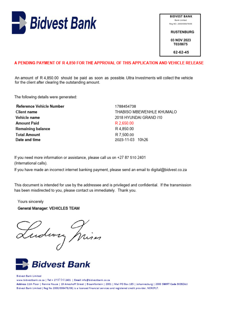 Bidvest Bank Letter | PDF