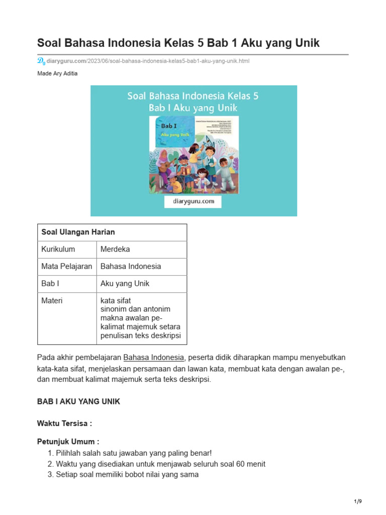 Soal Bahasa Indonesia Kelas 5 Bab 1 Aku Yang Unik Pdf