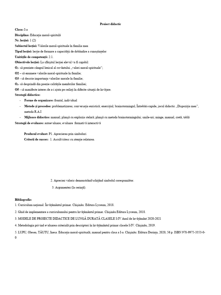 Proiect Didactic - Valorile În Familie | PDF