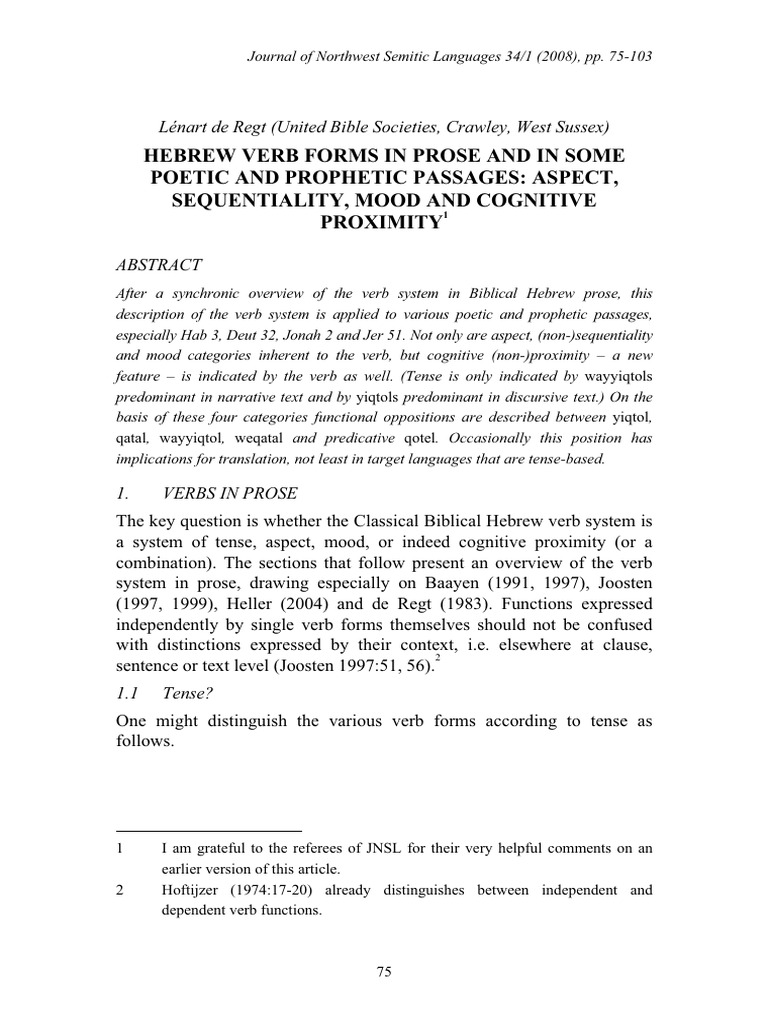 JNSL 34 (2008) 1 de Regt, Hebrew Verb Forms in Prose and in Some Poetic ...