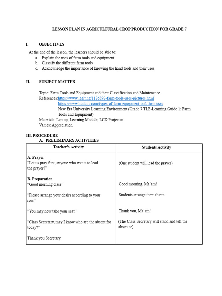 Lesson Plan in Agricultural Crop Production For Grade 7 | Download Free ...
