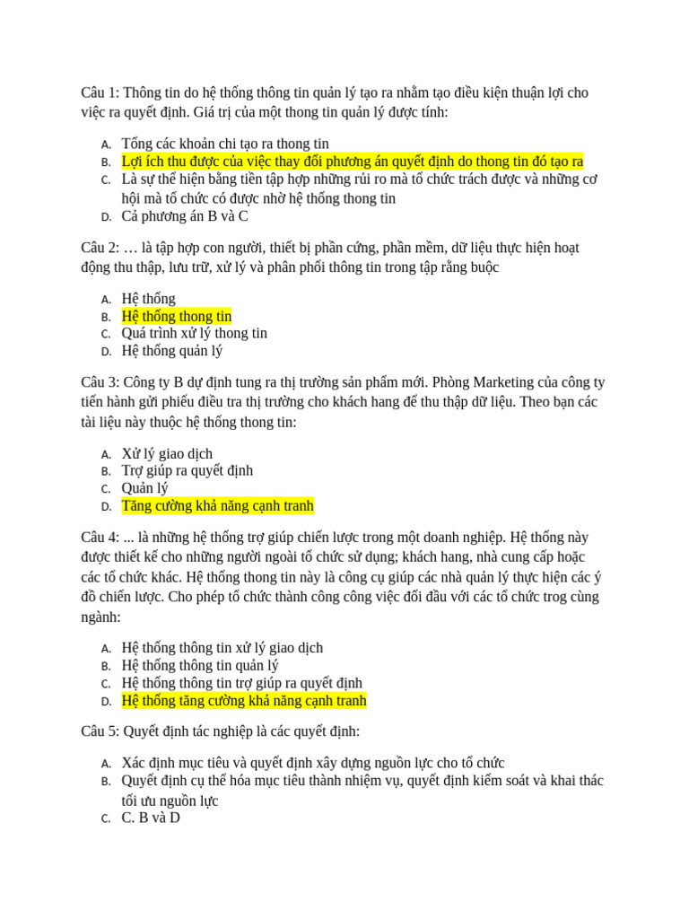 (123doc) - De-Trac-Nghiem-He-Thong-Thong-Tin-Quan-Ly-Co-Dap-An-Chuong-1 | PDF