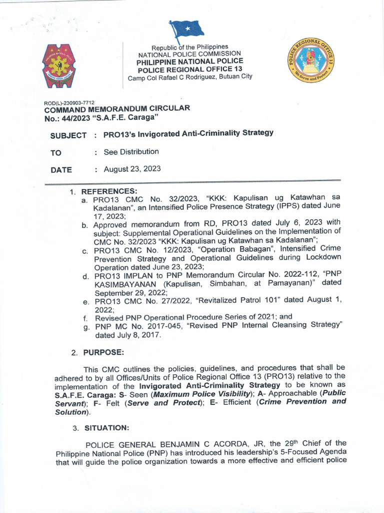 Command Memorandum Circular No 44 2023 S A F E Caraga Pro13s Invigorated Anti Criminality