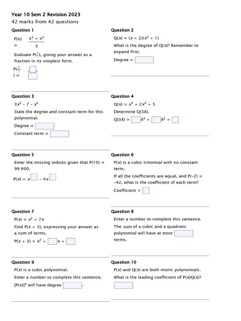 Year 10 Semester 2 Math Revision 2023 | PDF | Polynomial | Quadratic ...