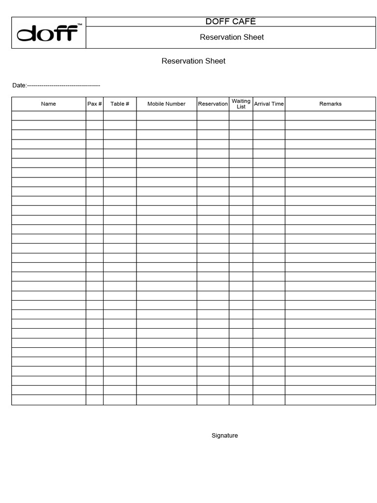 Doff Café Reservation Sheet Template | PDF