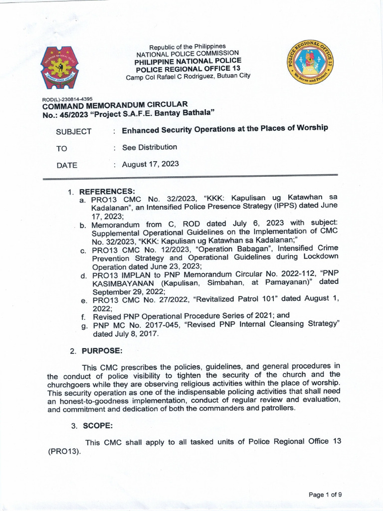 CMC No. 45/2023 PNP MEMORANDUM CIRCULAR No. 45/2023, "Project S.A.F.E ...