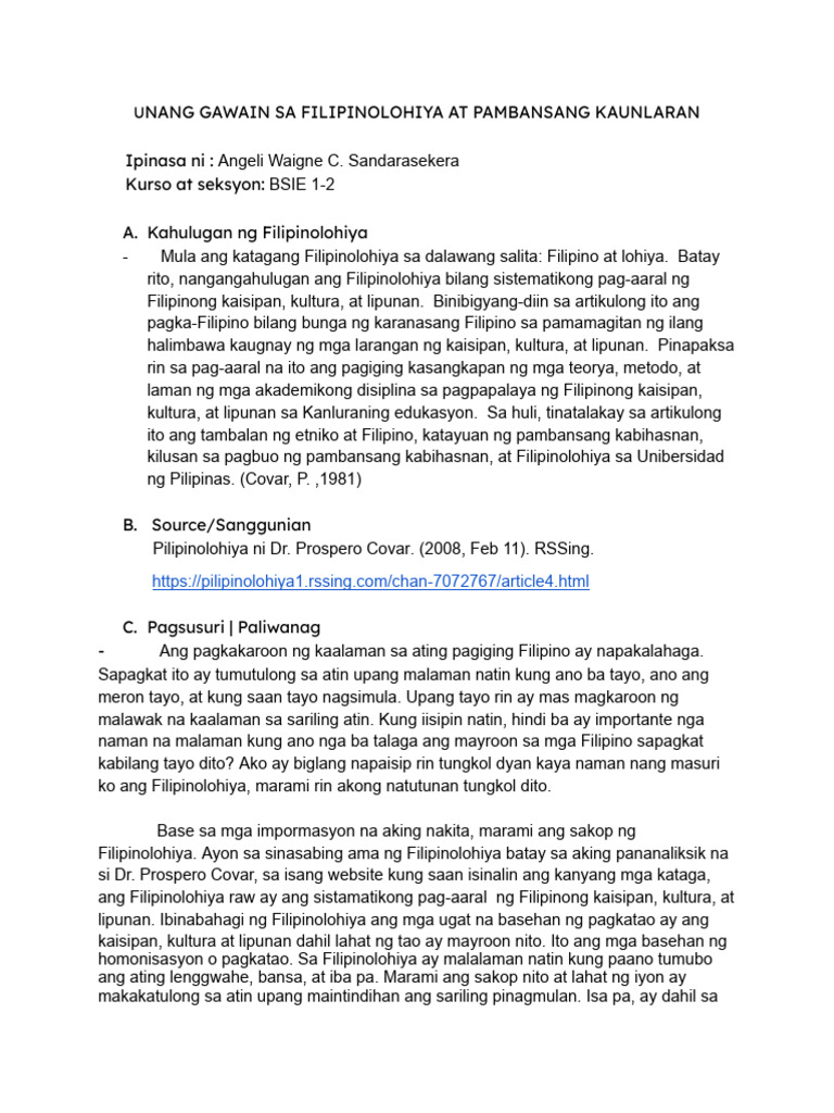 Unang Gawain Sa Filipinolohiya at Pambansang Kaunlaran | PDF