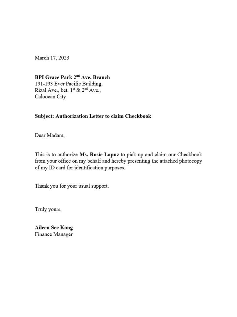 Authorization Letter Checkbook BPI Synergy | PDF
