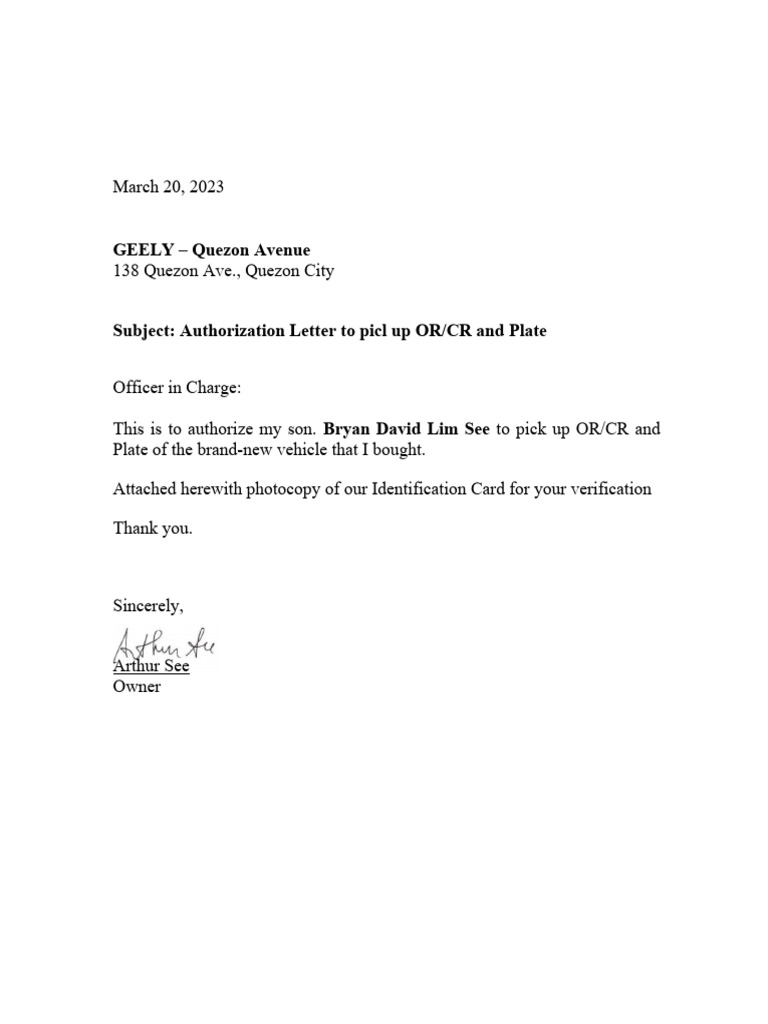 Vehicle Document Pickup Authorization | PDF
