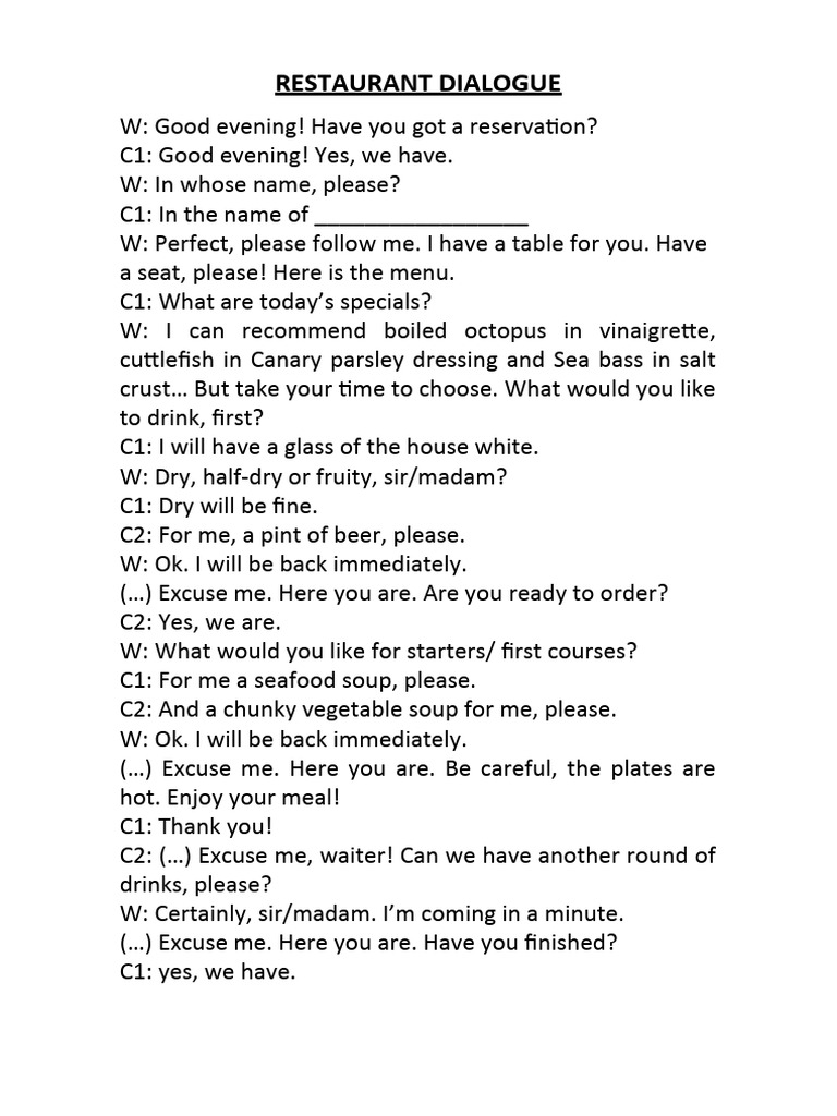 Restaurant Dialogue | PDF | Foods | Cuisine Restaurant Dialogue | PDF | Foods | Cuisine