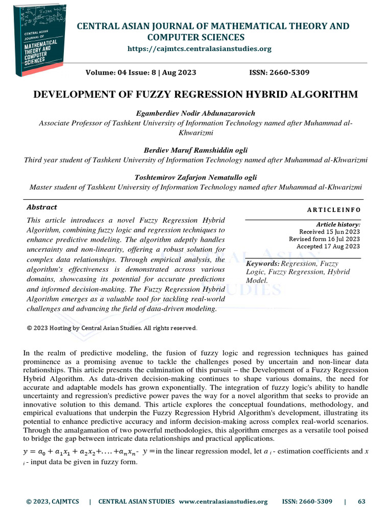 Development Of Fuzzy Regression Hybrid Algorithm Pdf Fuzzy Logic Artificial Intelligence
