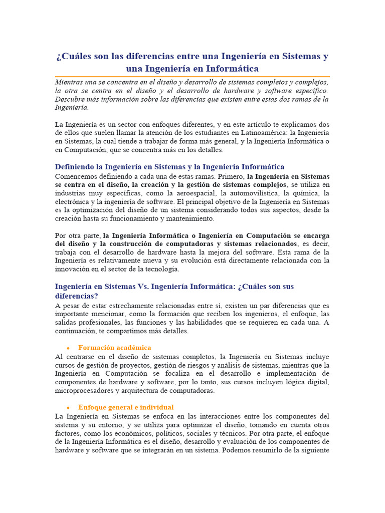 Diferencia Entre Ing. en Sistemas e Ing. en Informática | PDF ... Diferencia Entre Ing. en Sistemas e Ing. en Informática | PDF ...
