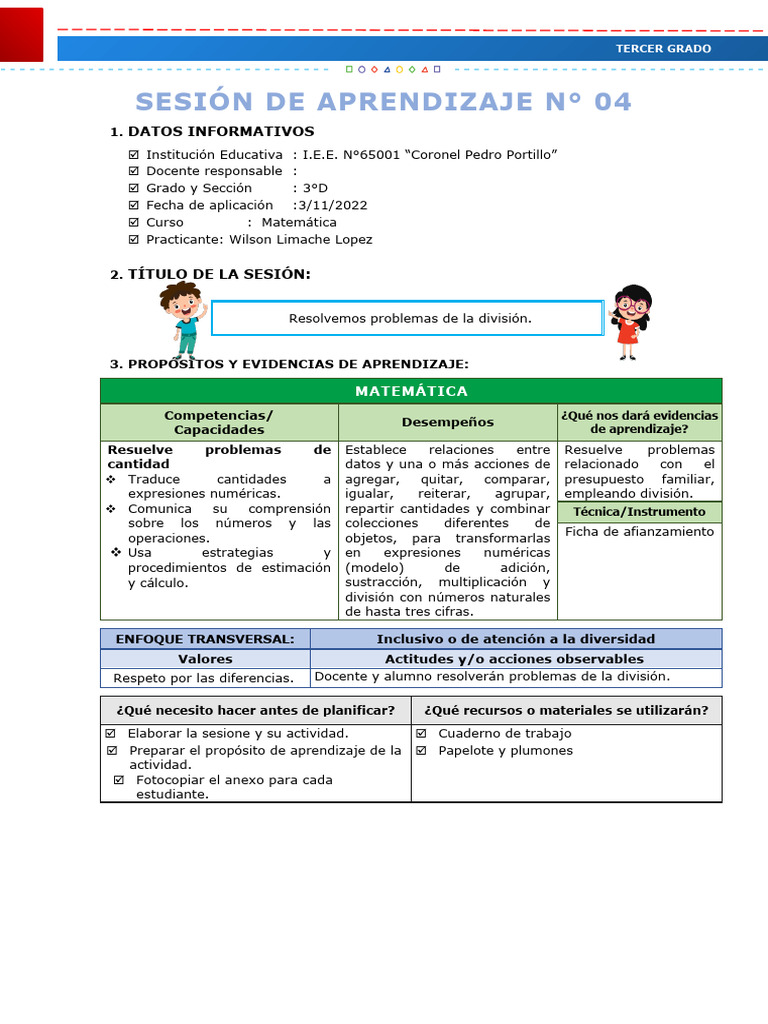 Sesión de Aprendizaje de Matematica | PDF | Aprendizaje | Maestros