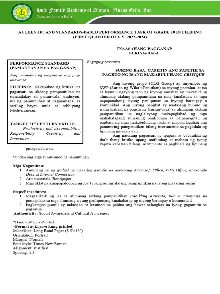 Grade 10 1q Peta Filipino | PDF