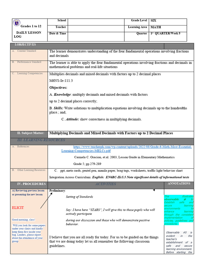 Cot Math 6 1st QTR Week 5 Multiplies Decimals and Mixed Decimals | PDF | Learning | Multiplication