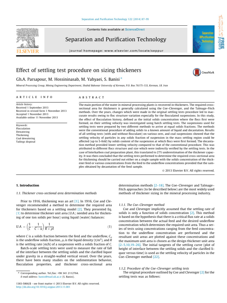 Effect of Settling Test Procedure On Sizing Thickeners | PDF ...