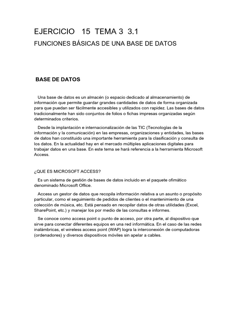 Ejercicio 15 Tema 3 3.1 Funciones Basicas de Una Base de Datos | PDF | Bases de datos | Microsoft
