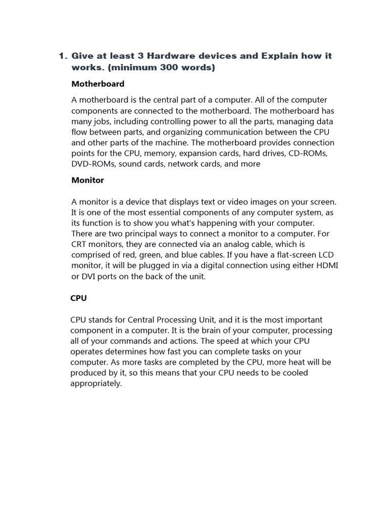 Workbook Assessment Task 3 - Computer Hardware IPO Storage and Network ...