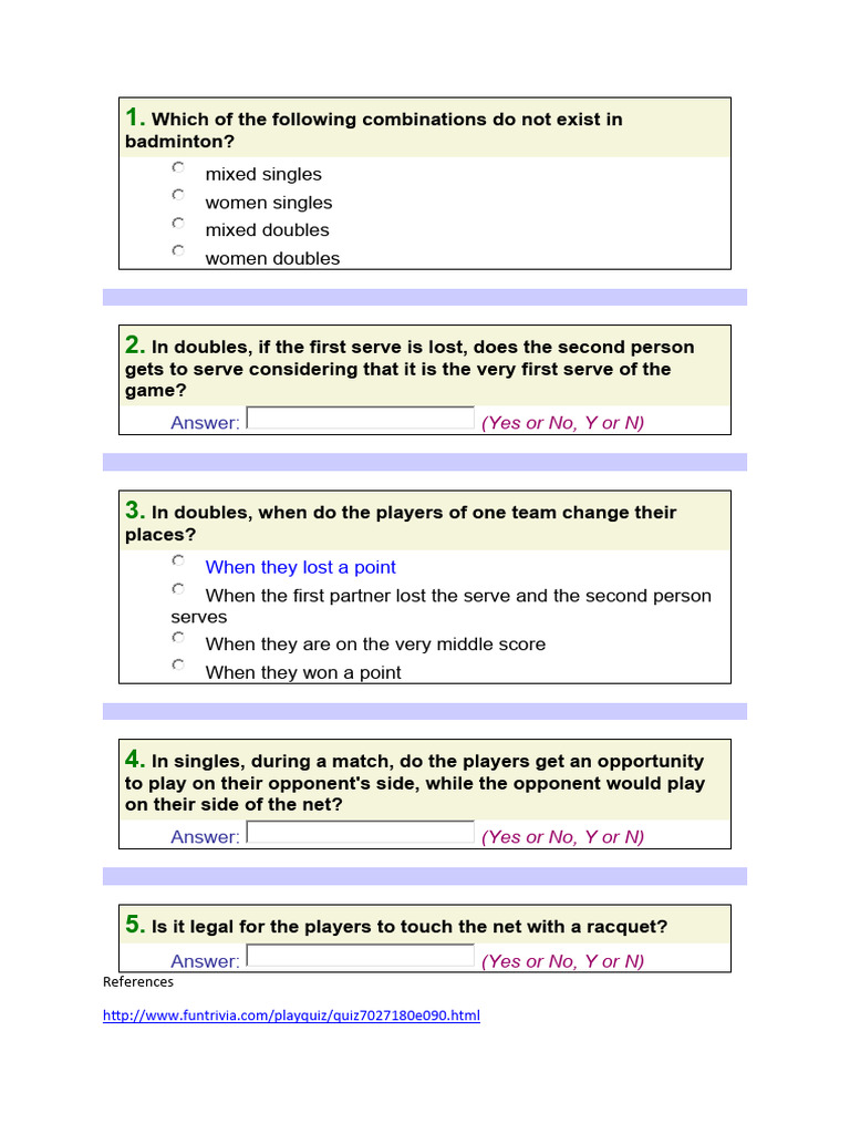 Badminton Quiz: Rules and Questions | PDF | Indoor Sports | Sports