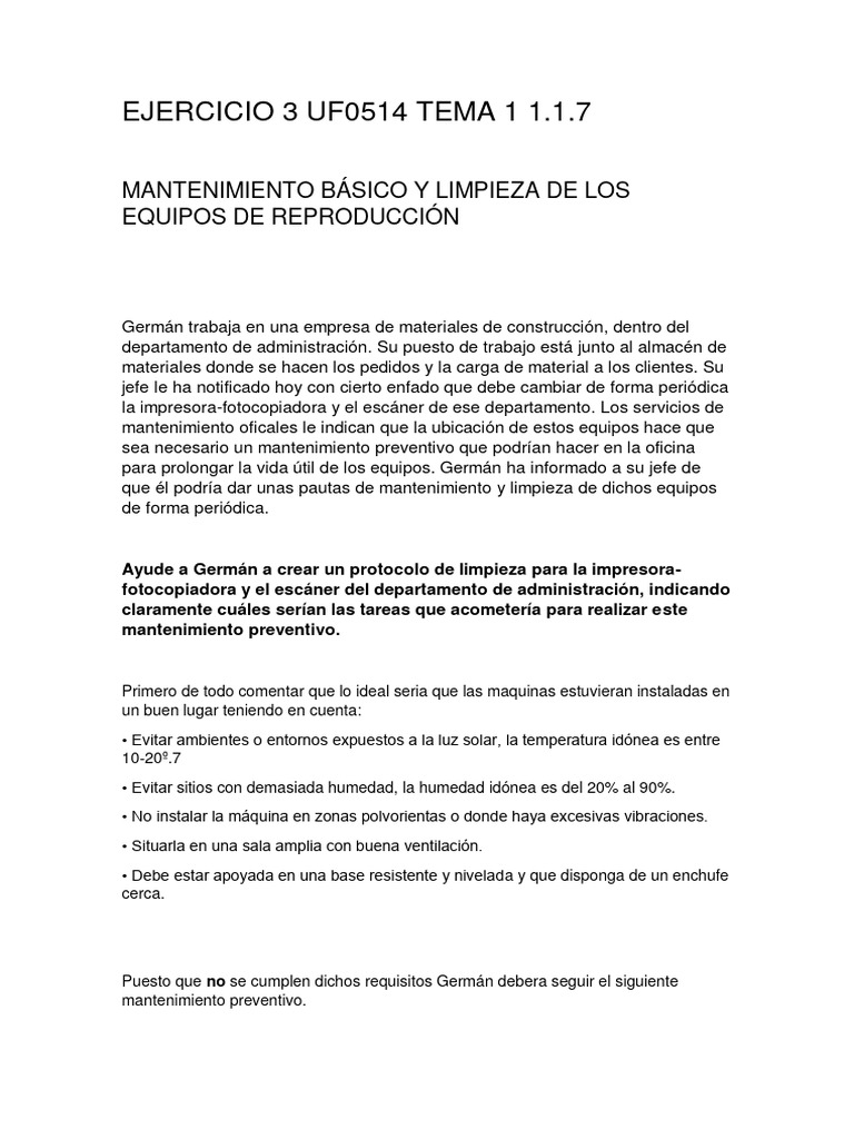 Ejercicio 3 Uf0514 Mantenimiento Básico y Limpieza de Los Equipos de Reproducción Tema 1 1.7 ...