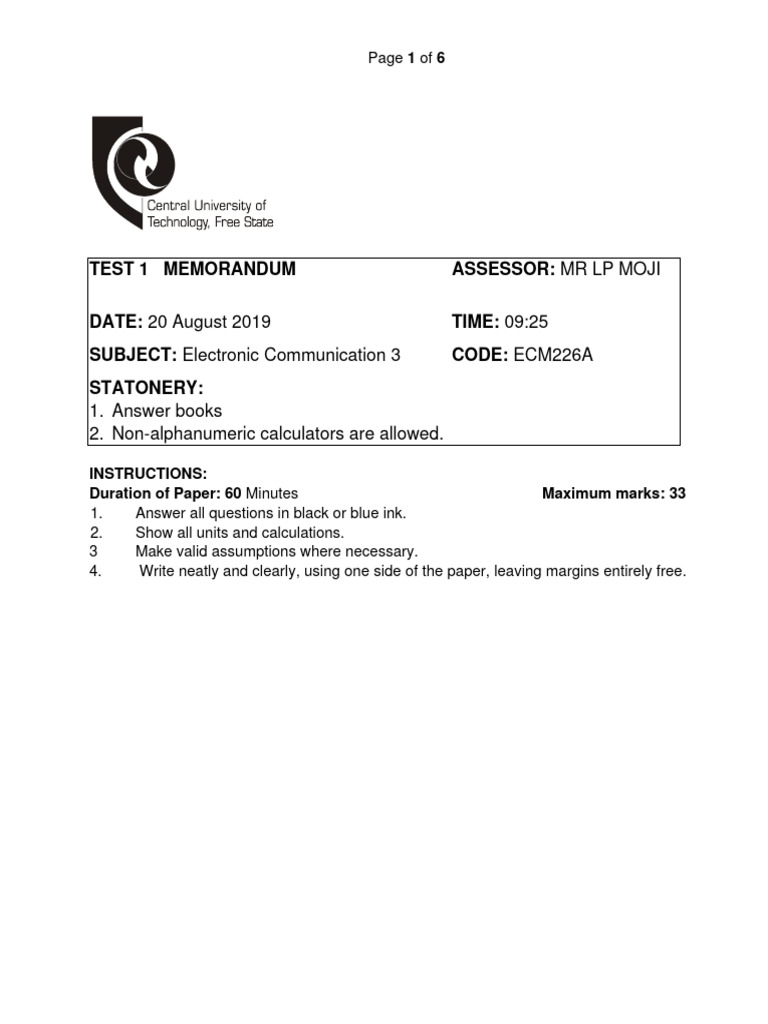 ECM226A Test 1 Memo | PDF | Modulation | Frequency Modulation