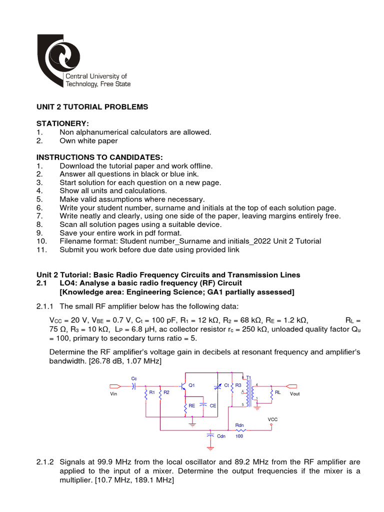Unit 2 Tutorial Problems | PDF | Transmission Line | Cable Television