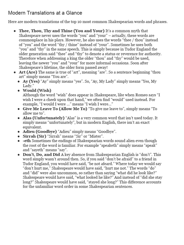 Translations of Key Shakespeare Words | PDF | Thou | Linguistic Morphology