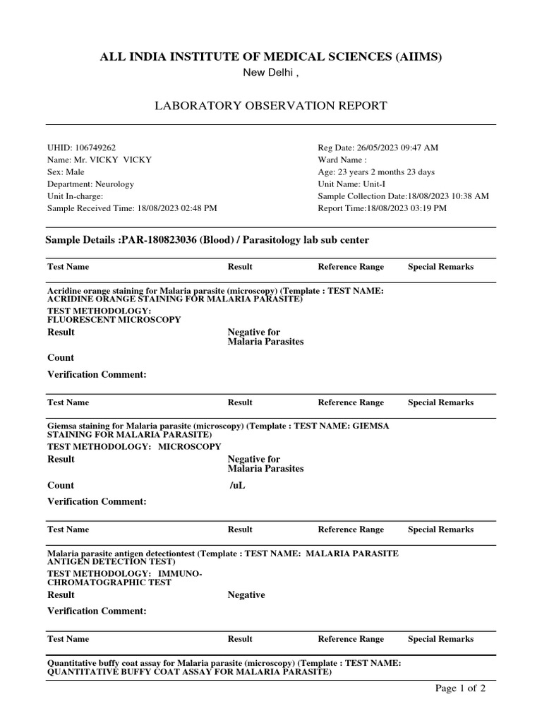 Malaria Test Report - Negative Results | PDF | Staining | Malaria
