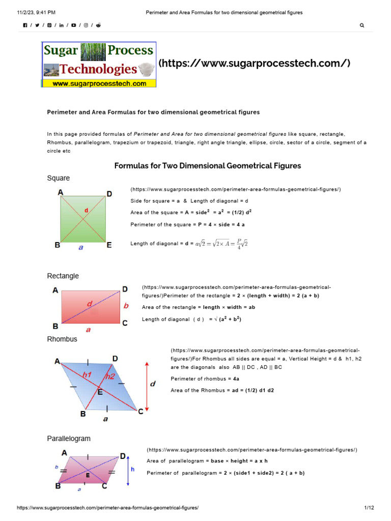 Perimeter and Area Formulas For Two Dimensional Geometrical Figures ...