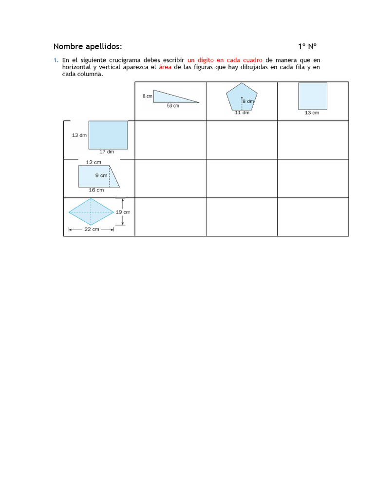 Crucigrama de Áreas Numéricas | PDF